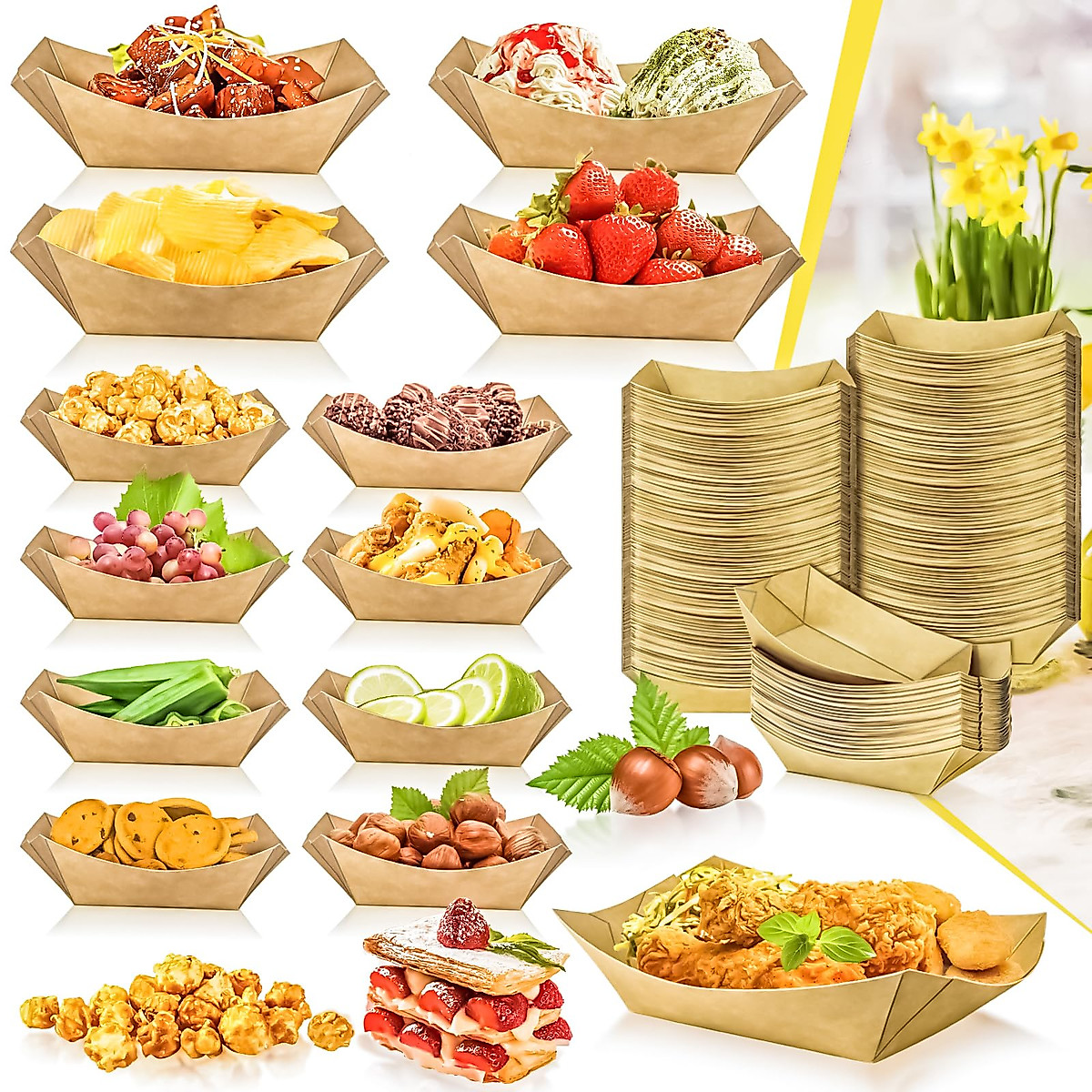 MotBach 250 Pack 1Lb Paper Food Boat Trays Disposable Paper Boats,Brown Kraft Paper Food Trays Paper Food Serving Boat Tray Basket for Snacks Fries Popcorn Sauce Tacos Bakery Nacho