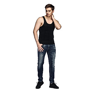 Odoland Men's Body Shaper Slimming Shirt Tummy Vest Thermal Compression Base Layer Slim Muscle Tank Top Shapewear, Black, XXL