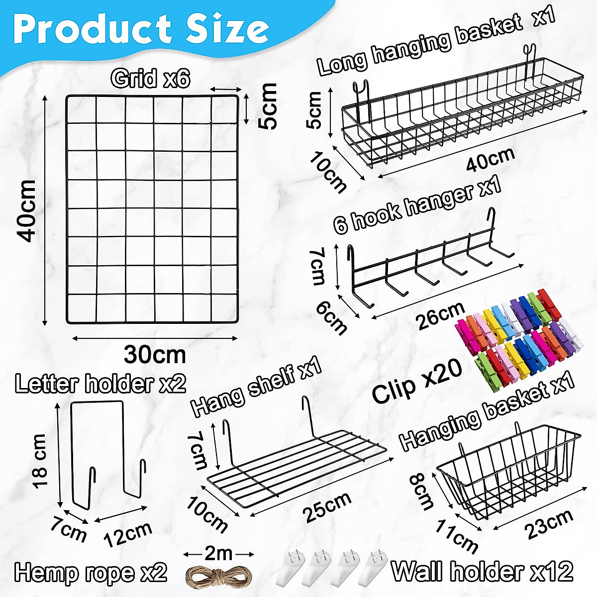 6 Pack 16 x 12 Inch Black Wall Grid Wire Panel with Accessories 1 Black Hanging Wire Basket, 1 Shelf, 1 Hook Rack, 2 Letter Sorter Shelf, 20 Clips, 12 Non Trace Nail, 2 Hemp Rope, Photo Home Decor