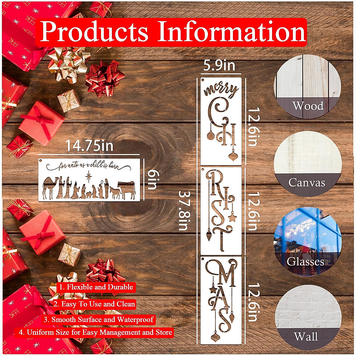 12 Pcs Christmas Stencils for Painting on Wood Porch Sign, Large Believe Merry Christmas Stencil Holiday Nativity Painting Stencils for Wood Sign DIY Crafts Canvas Fabrics (12pcs Porch christmas)