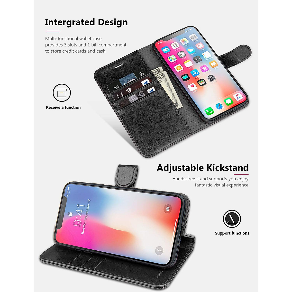OCASE iPhone X Wallet Case, iPhone 10 Case [ Wireless Charging ] [ Card Slot ] [ Kickstand ] Leather Flip Wallet Phone Cover Compatible with iPhone X/iPhone 10 - Black