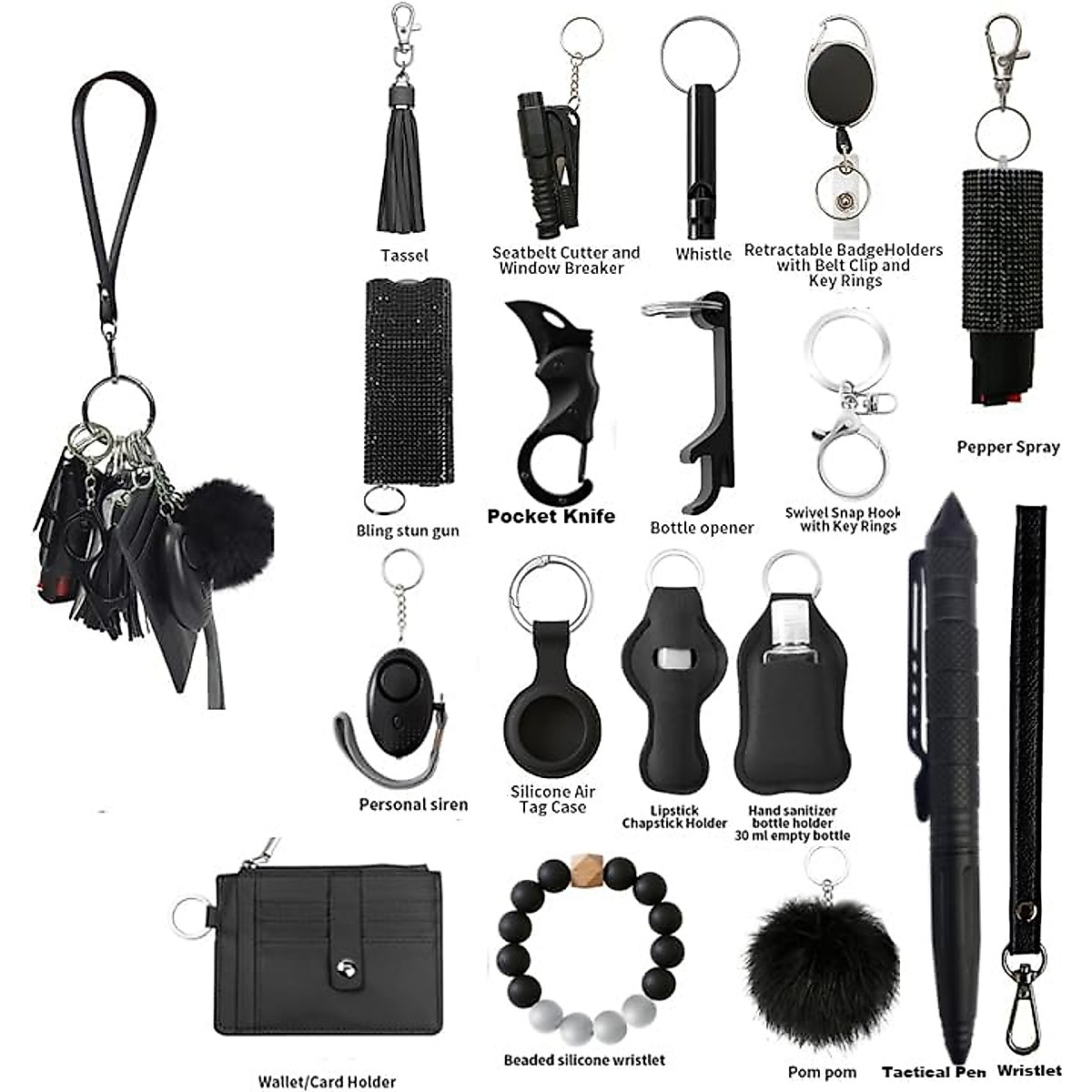 Araafur Wristlet Keychain Set with RFID Wallet Card Holder and Bottle Opener, Car Keychain Accessories for Women (Black keychain set)