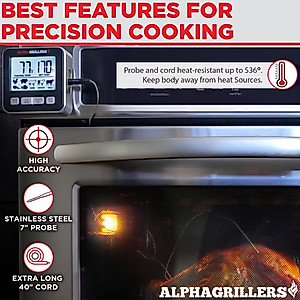 Alpha Grillers Food & Meat Thermometer for Oven w/Temperature Probe, Leave in Digital Oven Thermometer for Cooking in The Kitchen & Grilling with 7 Preset Temperatures & Timer