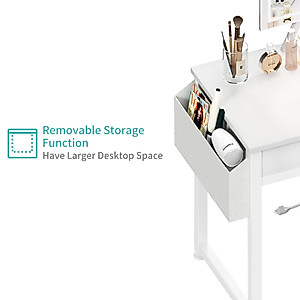 Lufeiya Small Makeup Vanity Desk with Fabric Drawers, 32 inch White Vanity Desks with Mirror and Light, Dressing Table and Chair Set with Power Outlet for Girls Bedroom, White