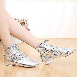 TINRYMX Jazz Shoes PU Leather Lace-up Elastic Slip On Split Sole Jazz Shoe for Women&Men Dance Shoes,GBPU-Silver-Suede Sole,7 US