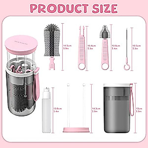 Travel Baby Bottle Brush Set, AivaToba Baby Bottle Cleaning Set with Portable Drying Rack, Silicone Bottle Brush, Nipple Brush, Straw Brush, Soap Dispenser, Gift for New Moms-Pink