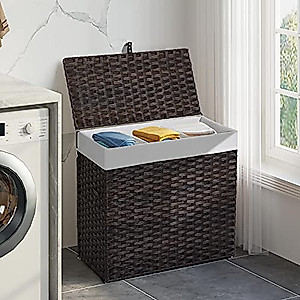 GREENSTELL Laundry Hamper with Lid, 125L Large 3 Sections Clothes Hamper with 2 Removable Liner Bags & 5 Mesh Laundry Bags, Handwoven Synthetic Rattan Divided Laundry Basket Brown