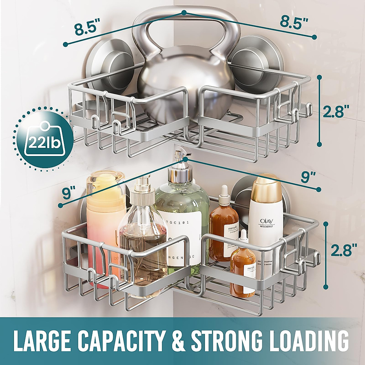 TAILI Heavy Duty Suction Cup Shower Caddy 2 Pack, Removable Rustproof Stainless Steel Shower Rack, Drill-Free Shower Shelf with Hooks, Wall Mounted Basket Organizer for Bathroom, Grey