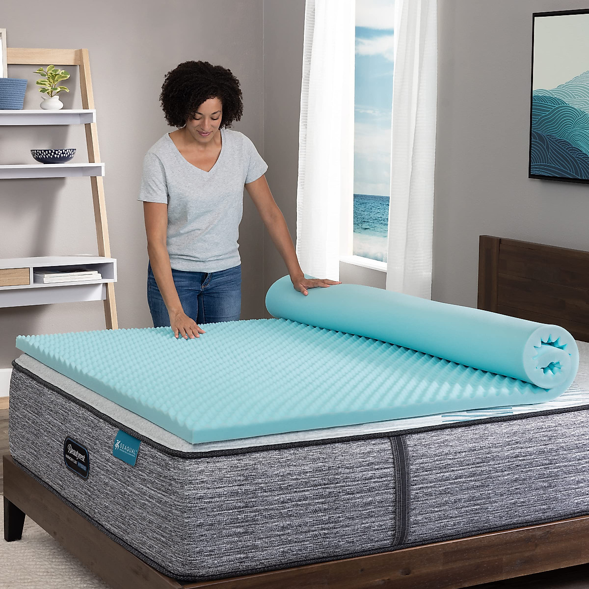 Beautyrest Cool Wave Convoluted Pressure-Relieving Memory Foam Mattress Topper, California King, 2-Inch, Blue
