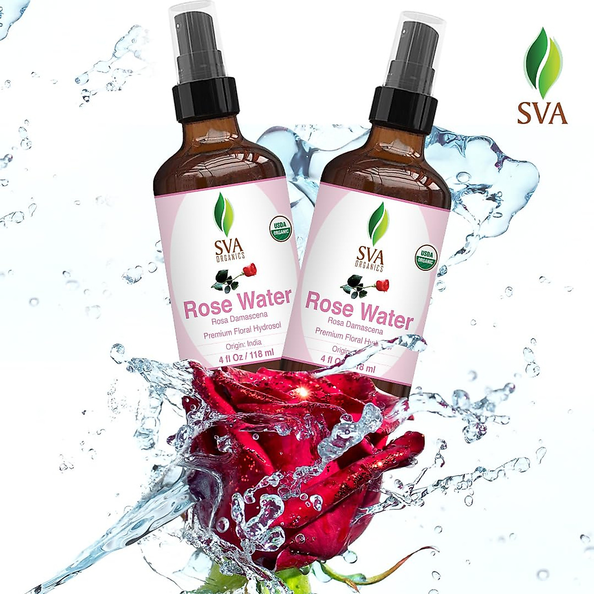 SVA Organics Rose Water 4oz (118 ml) Refreshing Rose Water Spray for Skin Care, Skin Hydration, Bath, Soaps, Haircare & Aromatherapy