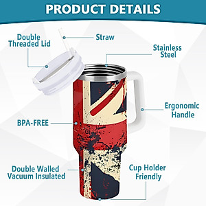 FENOCHE British Flag Retro 30 oz Tumbler Insulated Cups Stainless Steel Water Bottle with Handle Lid and Straw Tumblers for Car Cup Holder