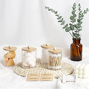 SGHUO 4 Pack 10oz Acrylic Qtip Holder Dispenser, Bathroom Organizer for Swab, Round Pads, Dental Floss Sticks Holder, Makeup Organizer with 4 Labels