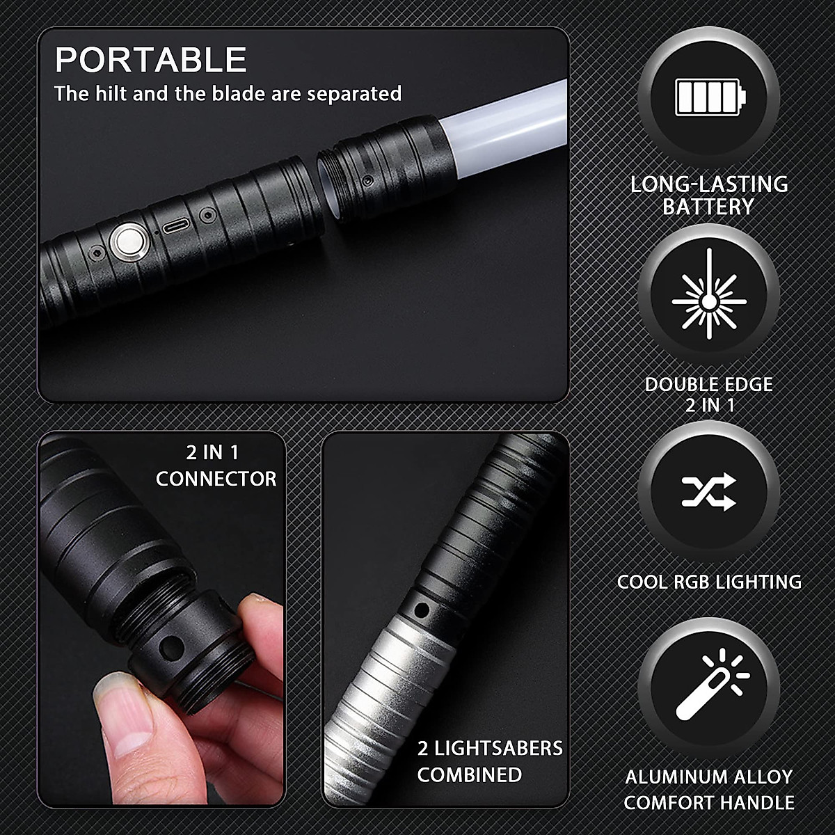 2 in 1 Dueling Lightsaber Alloy Handle Light Saber 15 RGB Colors with 4 Modes 6 Sound Effects USB Rechargeable Detachable Lightsaber for Kids Adults Ideal Birthday Children's Day Halloween Christmas