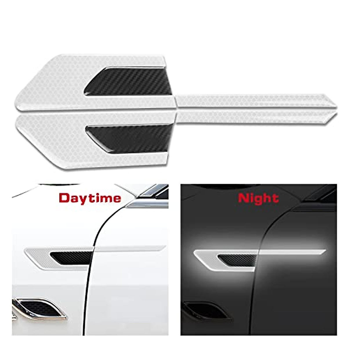 Xotic Tech Car Side Door Marker Rearview Mirror Edge & Door Handle Protector Guard Cover Warning Sticker Set, Carbon Fiber Pattern w/Reflective Safety Strip (White)