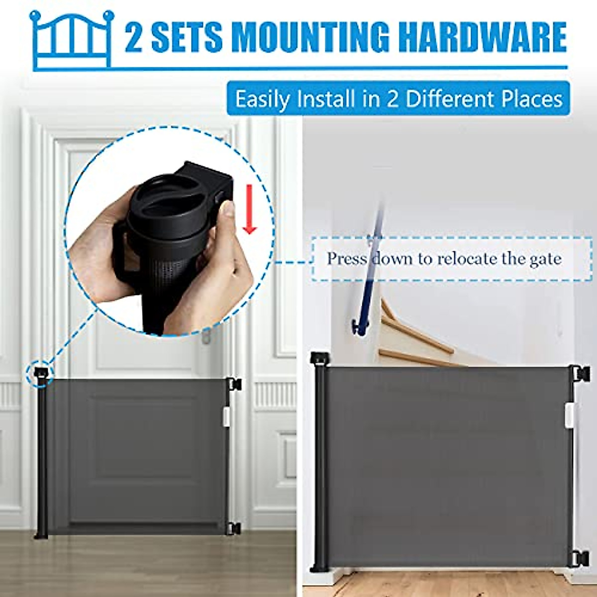 Double Elite Retractable Stair Gate 71 inch Widest Baby Safety Gate, 34” Tall, One Hand Operated Baby Gate with Spacers/Upgraded Parts, Indoor/Outdoor Stair Gate for Baby/Pet Dog/Stairway, Black