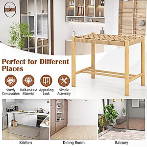 COSTWAY Patio Wooden Dining Stools Set of 2, 22-inch Wide Rustic Backless Saddle Stools with Rubber Wood Frame and Woven Paper Seat, 18-inch Height Outdoor/Indoor Counter Stools for Backyard Kitchen