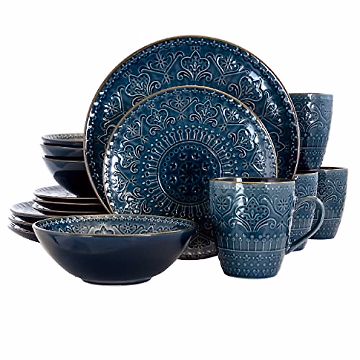 Elama Deepsea Mozaic 16 Piece Round Stoneware Dinnerware Set in Sea Blue