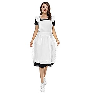LilMents Long Midi Adjustable Ruffle Apron with Pockets, Small to Plus Size Ladies (White)