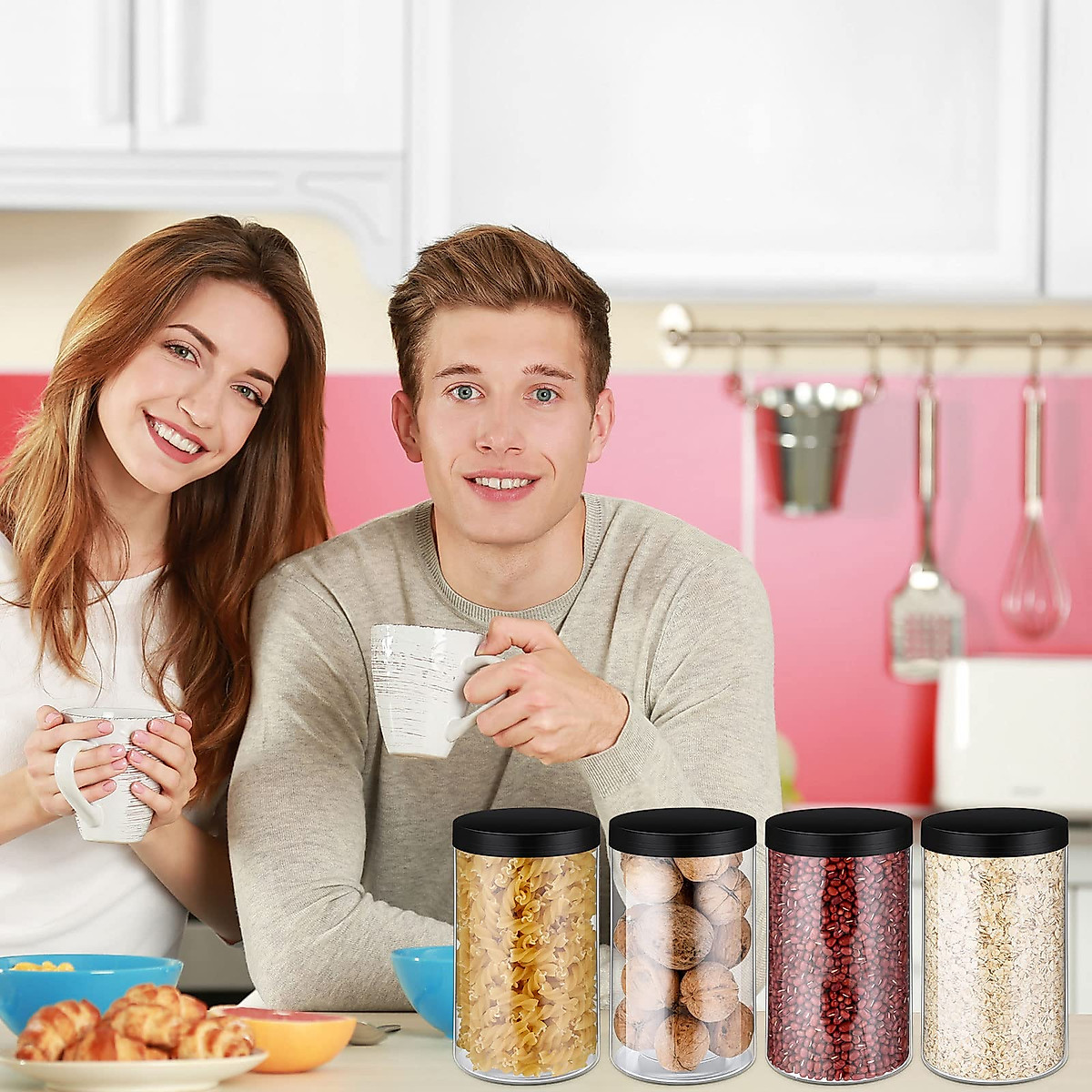 meekoo 12 Pcs 27 Ounce Plastic Jars with Lids PET Airtight Food Storage Container Clear Plastic Mason Jars Wide Mouth Cylinder Container for Meal Kitchen Organizing Spices Butter Cream