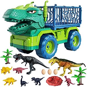 TEMI Dinosaur Truck Toys for Kids 3-5 Years, Tyrannosaurus Transport Car Carrier Truck with 8 Dinosaur Figures, Activity Play Mat, Dinosaur Eggs, Trees, Capture Jurassic Play Set for Boys and Girls