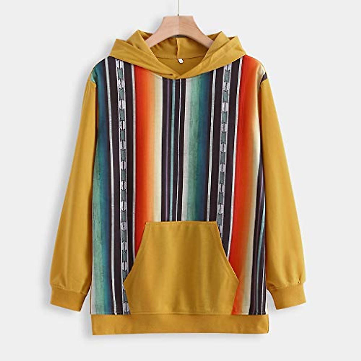 Akabsh Women Hoodie Long Sleeve Patchwork Sweatshirt Rainbow Stripes Print Pocket Loose Hoodie Fleeces Winter Blouse
