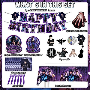 111pcs Happy Birthday Decorations Tableware Pack, includes Birthday Banner, Hanging Swirls, Foil Balloon, Plates, Napkins, Fork, Tablecloth, Happy Birthday Party Supplies