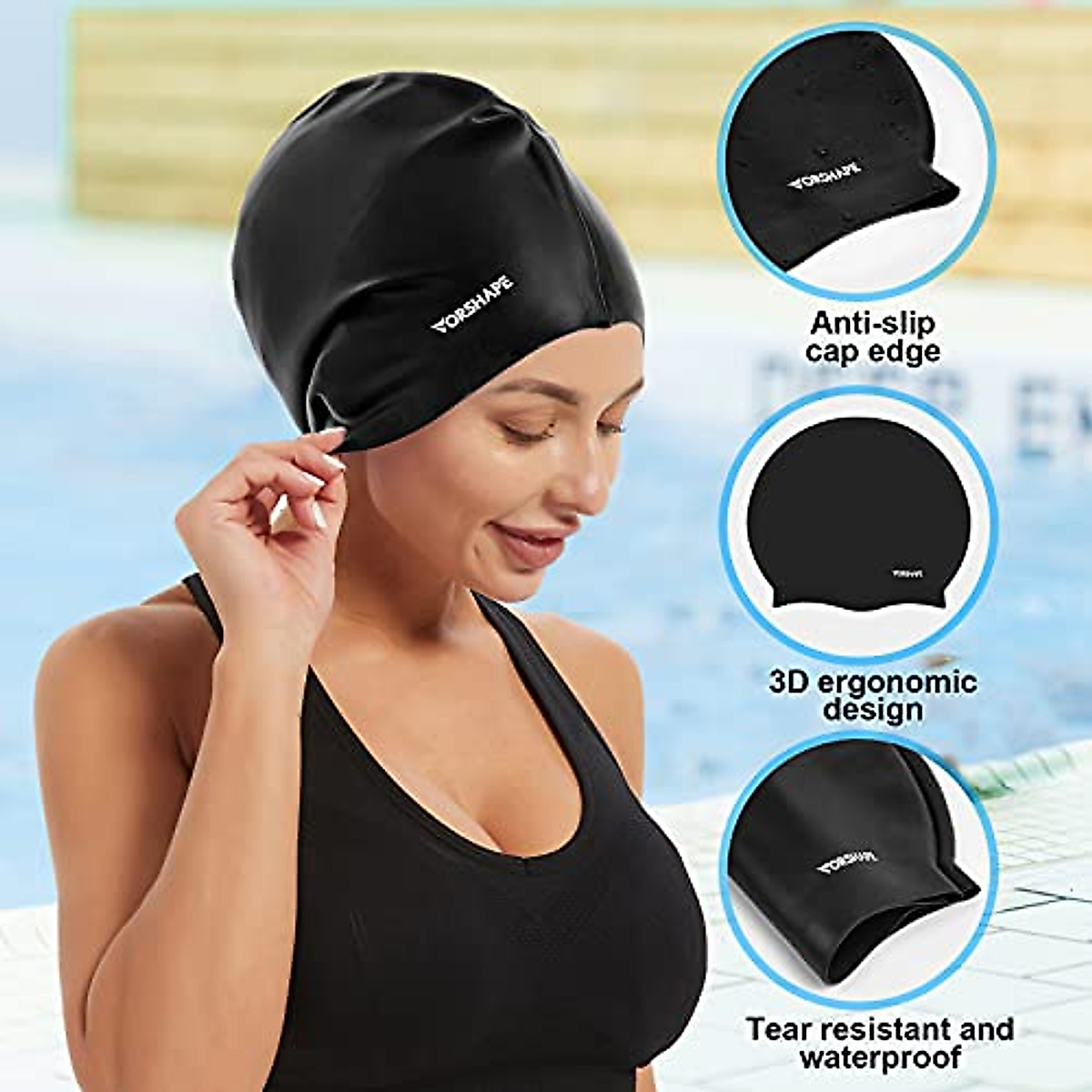 Vorshape Extra Large Swim Cap for Braids and Dreadlocks - Swimming Cap for Women Long Hair Adult Swim Cap for Long Thick Curly Hair Keep Your Hair Dry (Black)