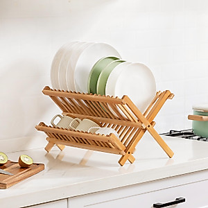 Oyydecor Bamboo Dish Drying Rack with Utensil Holder, 2 Tier Collapsible Dish Rack for Kitchen Counter, Large Folding Drying Holder, Dish Drainer, Kitchen Organizers and Storage