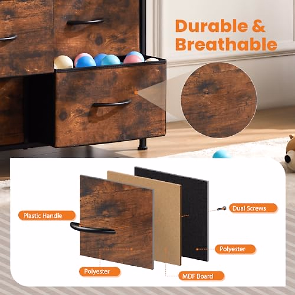 Sweetcrispy Dresser for Bedroom with 9 Fabric Drawers, Tall Chest Storage Tower, Organizer Units for Clothing Closet, Kidsroom Furniture, Steel Frame, Wood Top, Lightweight Quick Assemble Cabinet