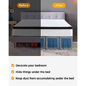 Chinese Bed Skirt Cal King Size 18 Inch Drop,Adjustable & Elastic Wrap Around Bed Skirts Pleated Luxury Dust Ruffles for Twin Full Queen Cal King Base Bed,Traditional Blue Black Geometric Tile Pattern