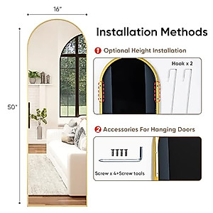 Antok Over The Door Mirror Full Length, 50"x16" Arched Top, Gold Frame, Modern Style, Shatterproof, Adjustable Height, Bedroom, Bathroom, Living Room