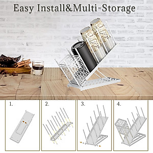 TOWEBOORY Cup and Lid Holder, Adjustable Coffee Cup Holder Organizer, 4 Compartment Cup Dispenser with Straw Storage Basket for Coffee Station Bar Countertop Breakroom Metal,White