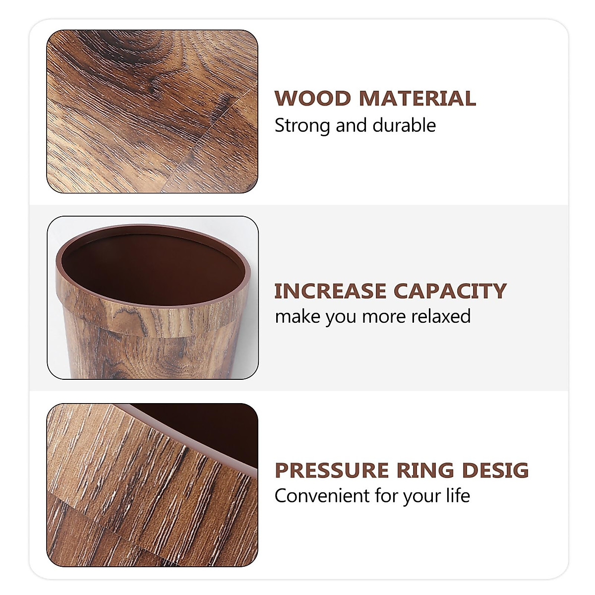 ABOOFAN Vintage Wood Grain Plastic Trash Can 10L Round Wastebasket Farmhouse Garbage Bin Container for Office Bedroom Bathroom Brown