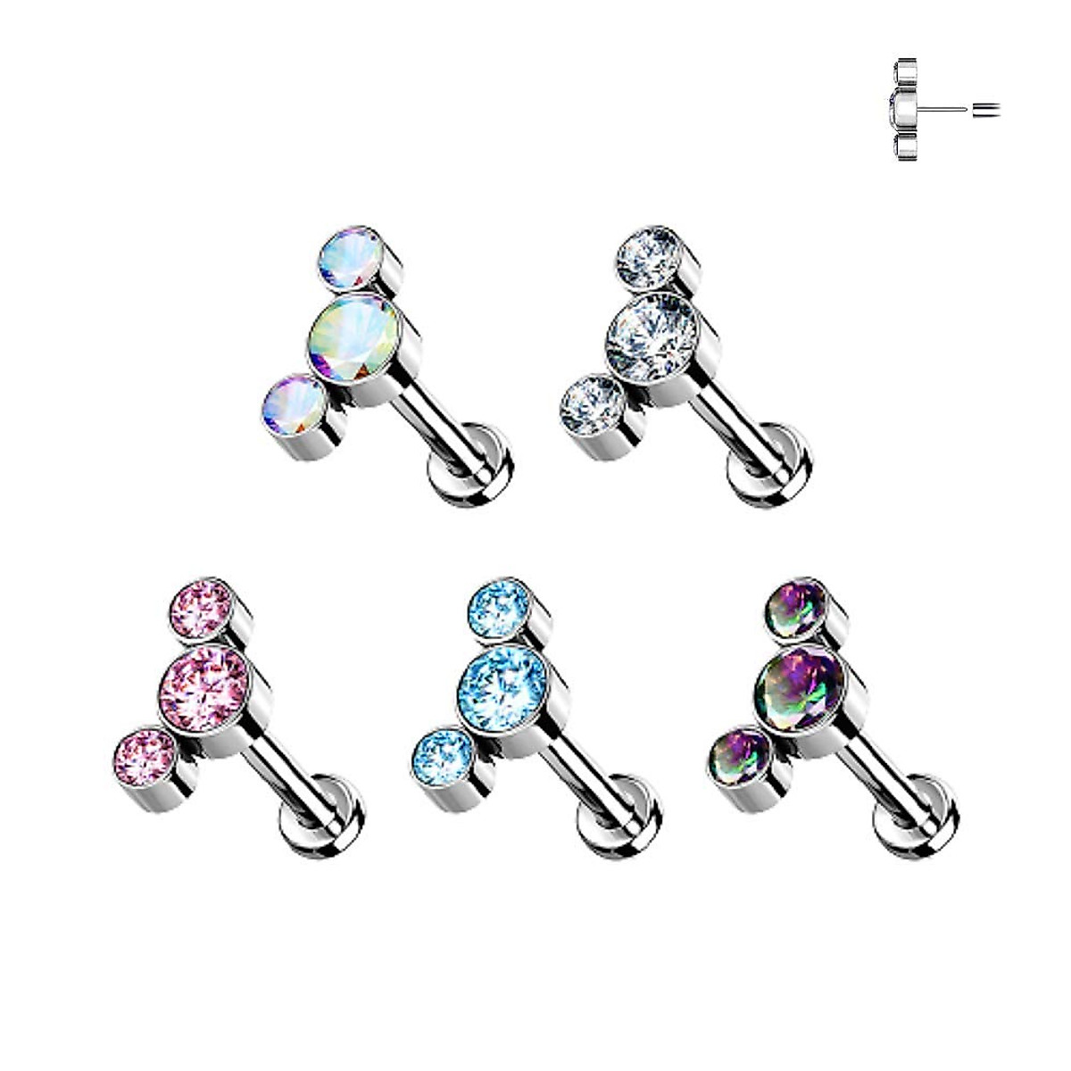 Pierced Owl 16-18GA G23 Implant Grade Titanium Threadless Push-In Triple Round CZ Crystal Curved Flat Back Lip Cartilage Ear Lobe Stud (Aurora Borealis, 18GA)