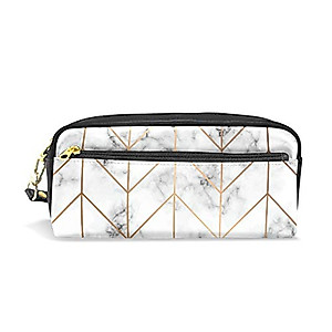 ALAZA Cute Pencil Case White Marble Gold Geomertric Line Pen Cases Organizer PU Leather Comestic Makeup Bag Make up Pouch