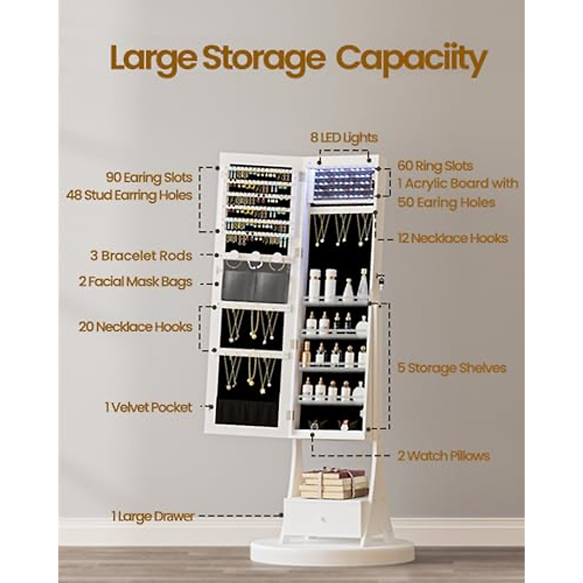 Hzuaneri 8 LEDs Jewelry Cabinet, 42.5" Tall Frameless Mirror Jewelry Armoire, Freestanding Makeup Jewelry Storage with 1 Drawer, 5 Shelves, Jewelry Organizer, White and Black JC14803B