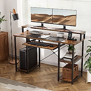 NOBLEWELL Computer Desk with Storage Shelves, 47 inch Home Office Desk with Monitor Stand, Writing Desk Table with Keyboard Tray (Rustic Brown)