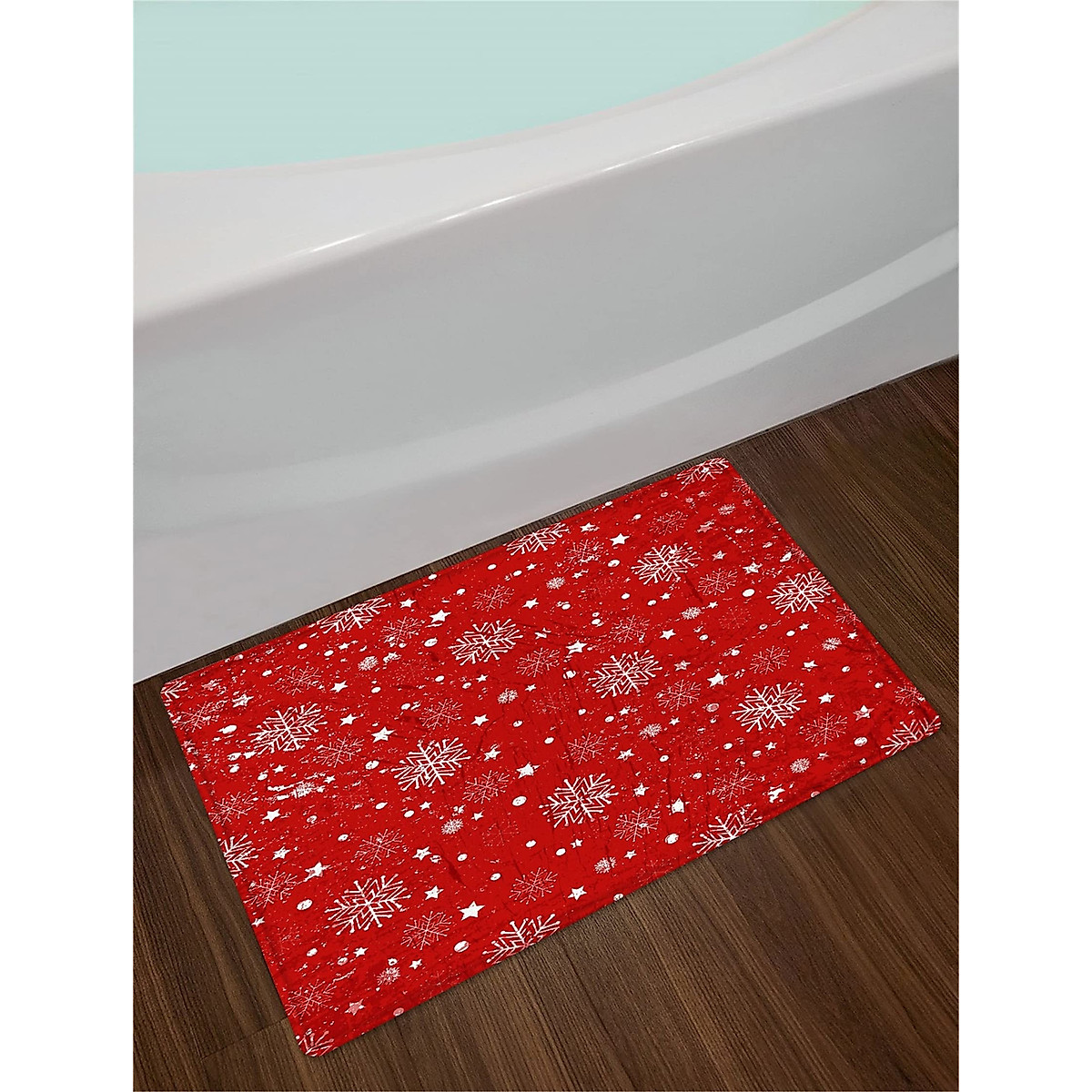 HVEST Winter Snowflake Memory Foam Bath Mat, White Snowflakes on Red Background Non Slip Bath Rug Kitchen Mat Door Mat Washable Absorbent Bathroom Décor Rug, 16 X 24 Inches