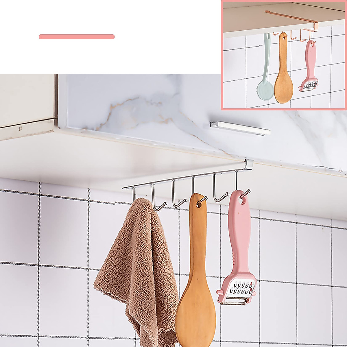 3 Pcs Mug Hooks Under Shelf, Cup Holder Under Cabinet, Coffee Mugs Cups Storage Rack Holder Hanger, Adhesive Drilling Free 6 Hook Coffee Cup Mug Holder Hanger for Kitchen Cabinet Shelf