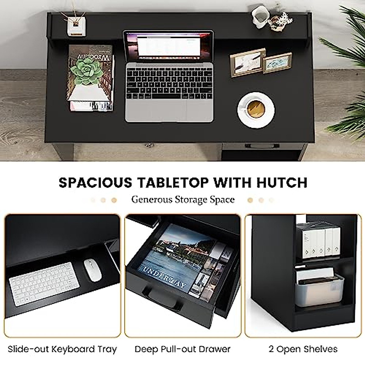 GOFLAME Computer Desk, Home Office Desk with Large Drawers, Hutch, Keyboard Tray, 5-Position Adjustable Open Shelves, Easy Assembly, Writing Desk for Bedroom, Small Space, Living Room, Black