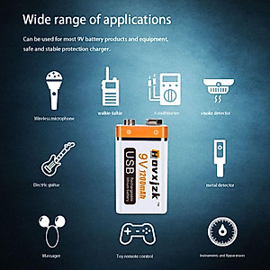USB 9V Rechargeable Battery, USB Quick Charge in 1.5 Hours, High Capacity 1200mAh Square Lithium Batteries with Type C Port Cable (2-Packs)