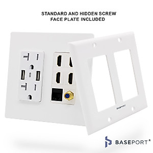 BASEPORT Premium Media Outlet Wall Plate - 6.3A USB Wall Outlet 2 USB A 2.0 + 1 USB C 3.0, 20A Dual Power Outlet, 4 HDMI Keystone Jack, Coaxial + Cat6 Rj45 Ethernet Outlet - White Dual Gang Face Plate