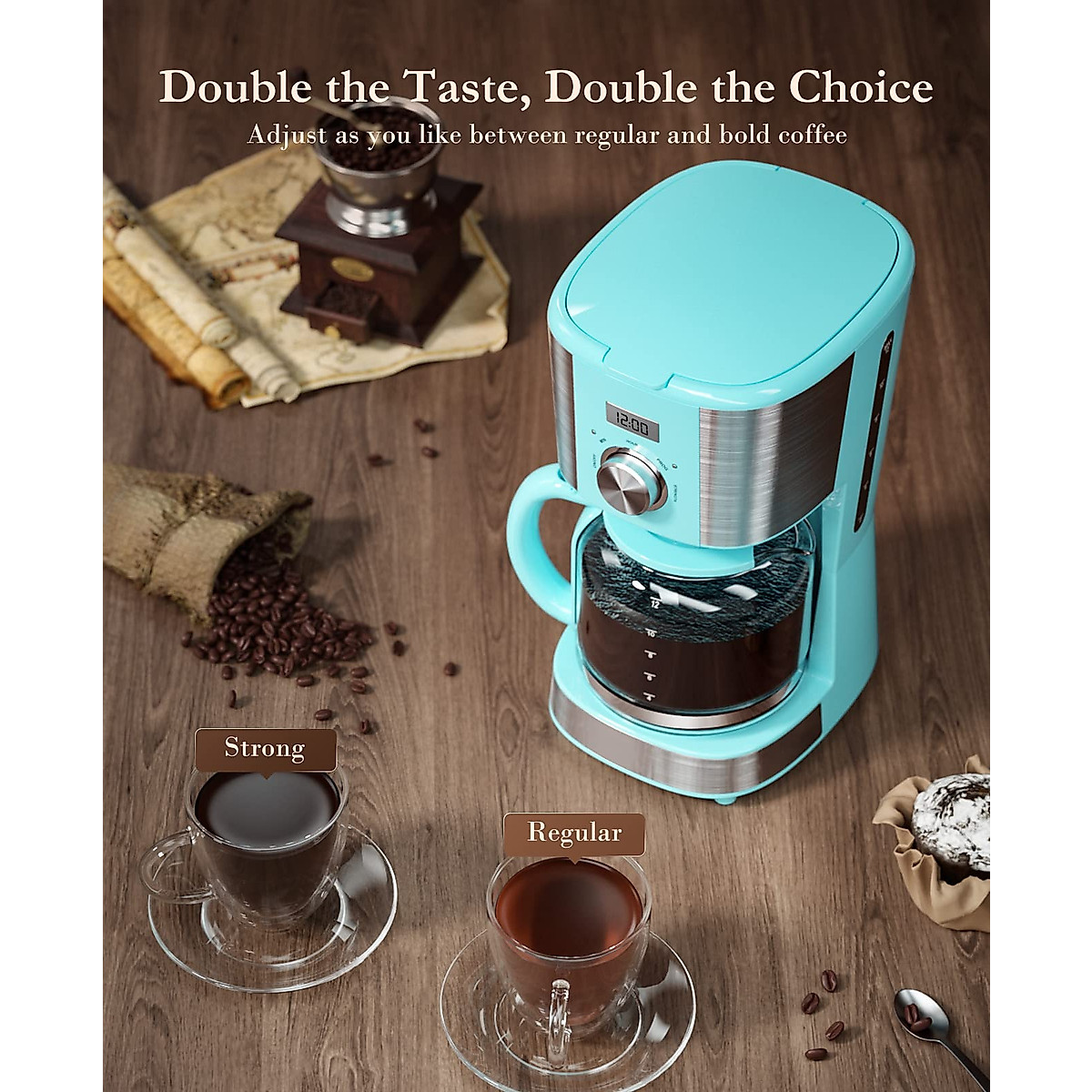 Wamife Coffee Maker - 12 Cup Programmable Drip Coffee Machine Coffee Brewer Timer Machine with Thermal Carafe Retro Coffee Makers for Home & Office (Blue Coffee Machine)