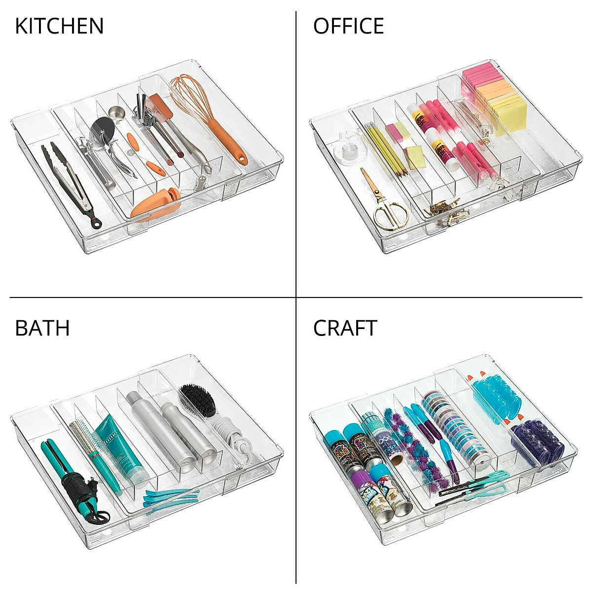 mDesign Dual Expandable Plastic In-Drawer Utensil Organizer Tray Deep 6 Divided Sections for Kitchen Organization; Holds Cutlery, Flatware, Silverware, Cooking Utensils, Ligne Collection - Clear