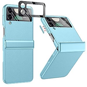 for Samsung Z Flip 4 Leather Case: Spring Hinge Protection & Camera Lens Protector Metal Volume Key Protective Slim Thin Shockproof Phone Case for Galaxy Z-Flip4 5G (Blue)