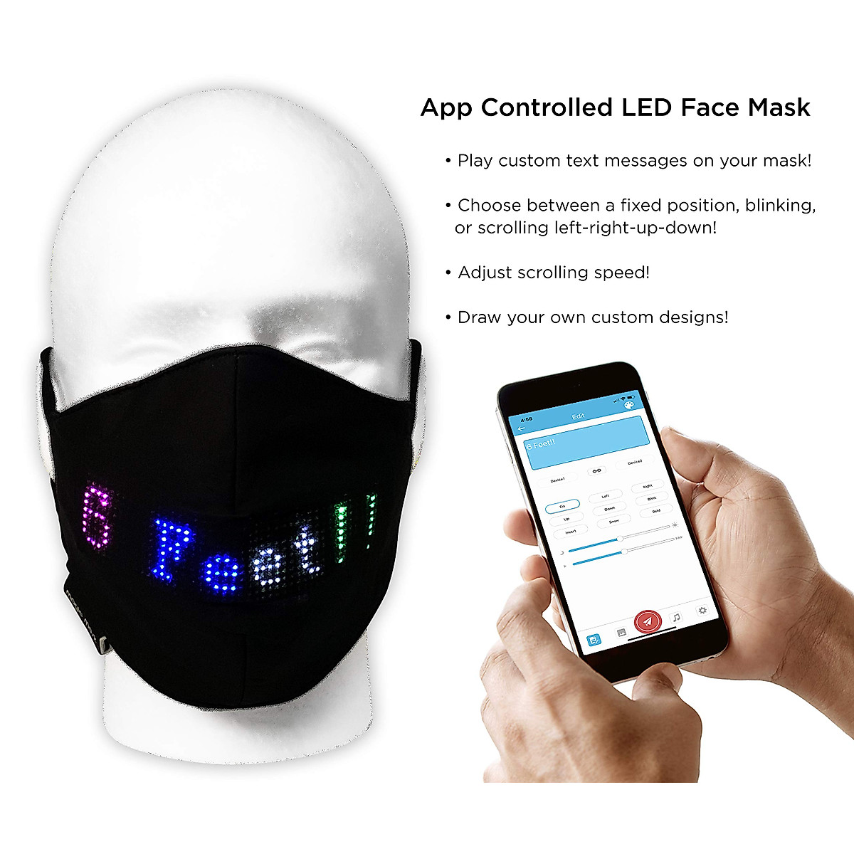 Magic Mask LED Lighted Face Mask, Smart Face Cover, Digital Programmable Lights, Bluetooth App Controlled, Wireless, Adults, Men, Women