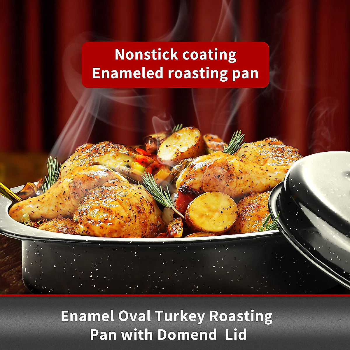 JY COOKMENT Granite Roaster Pan, Small 13” Enameled Roasting Pan with Domed Lid. Oval Turkey Roaster Pot, Broiler Pan Great for Small Chicken, Lamb. Dishwasher Safe Cookware Fit for 7Lb Bird
