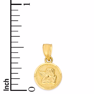 10k Solid Yellow Gold Dainty Angel Medallion Necklace with Cross on Back, Small Religious Cherub Pendant for Prayer