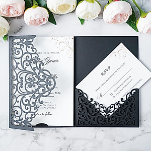 ponatia 20PCS Black Laser Cut Wedding Invitations Pockets, Tri-fold 5x7 Laser Cut Invitation Pockets for Wedding Bridal Shower Quinceanera 15 Anos Invite (No Envelopes & Inner Sheets)