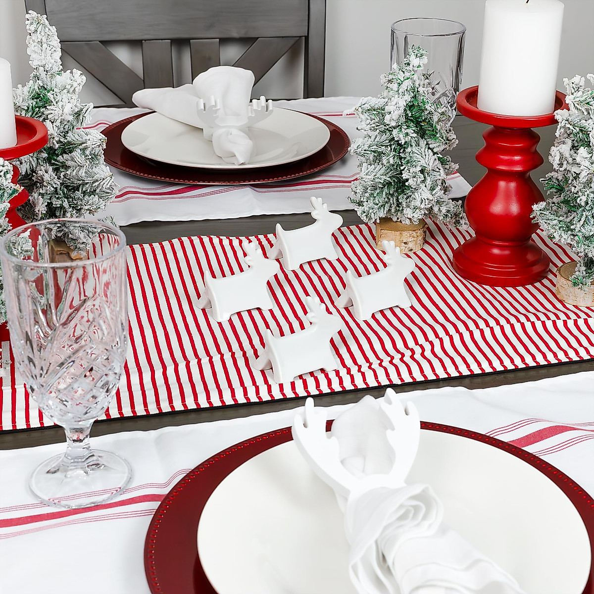 AuldHome Design Reindeer Place Card Holders (12-Pack), Ceramic Reusable Write-On Wipe-Off Christmas Place Card Stands for Table